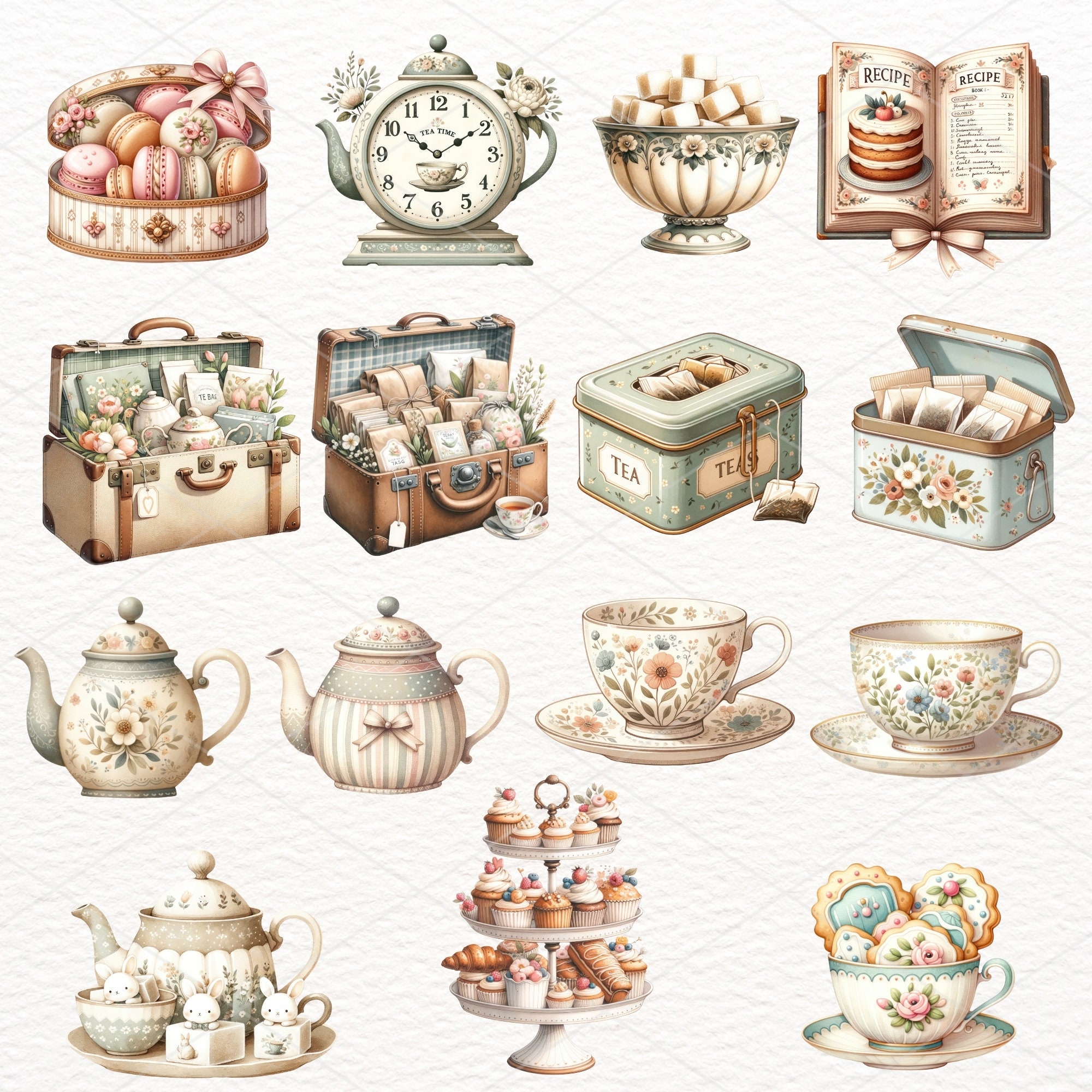 Bunny Tea Party Watercolor Clipart, Cute Bunny Clipart, Tea Time ...
