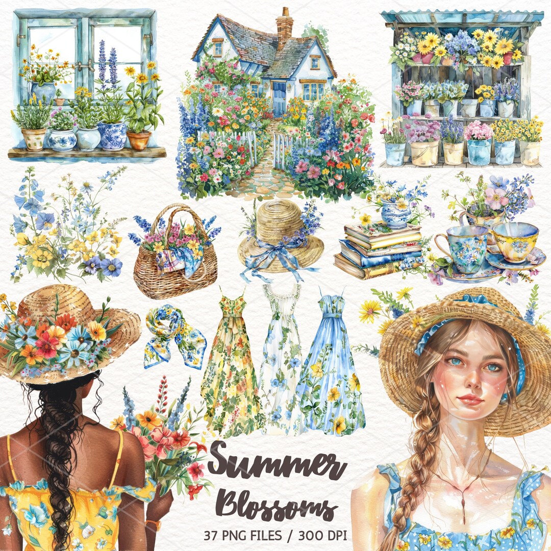 Summer Blossoms Watercolor Clipart, Summer Flowers Graphic, Summer ...