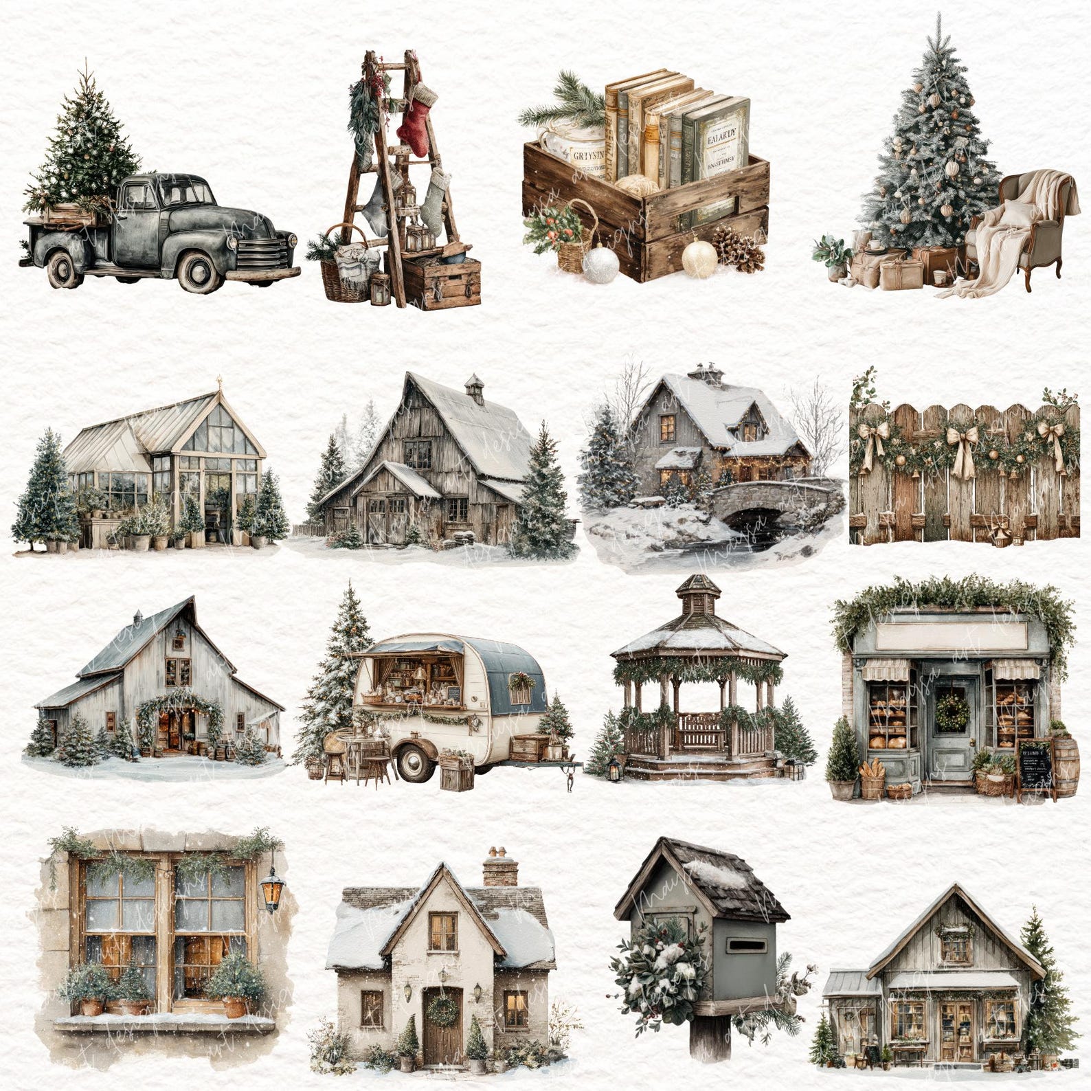 Watercolor Farmhouse Christmas Clipart: Rustic Winter PNG (digital ...