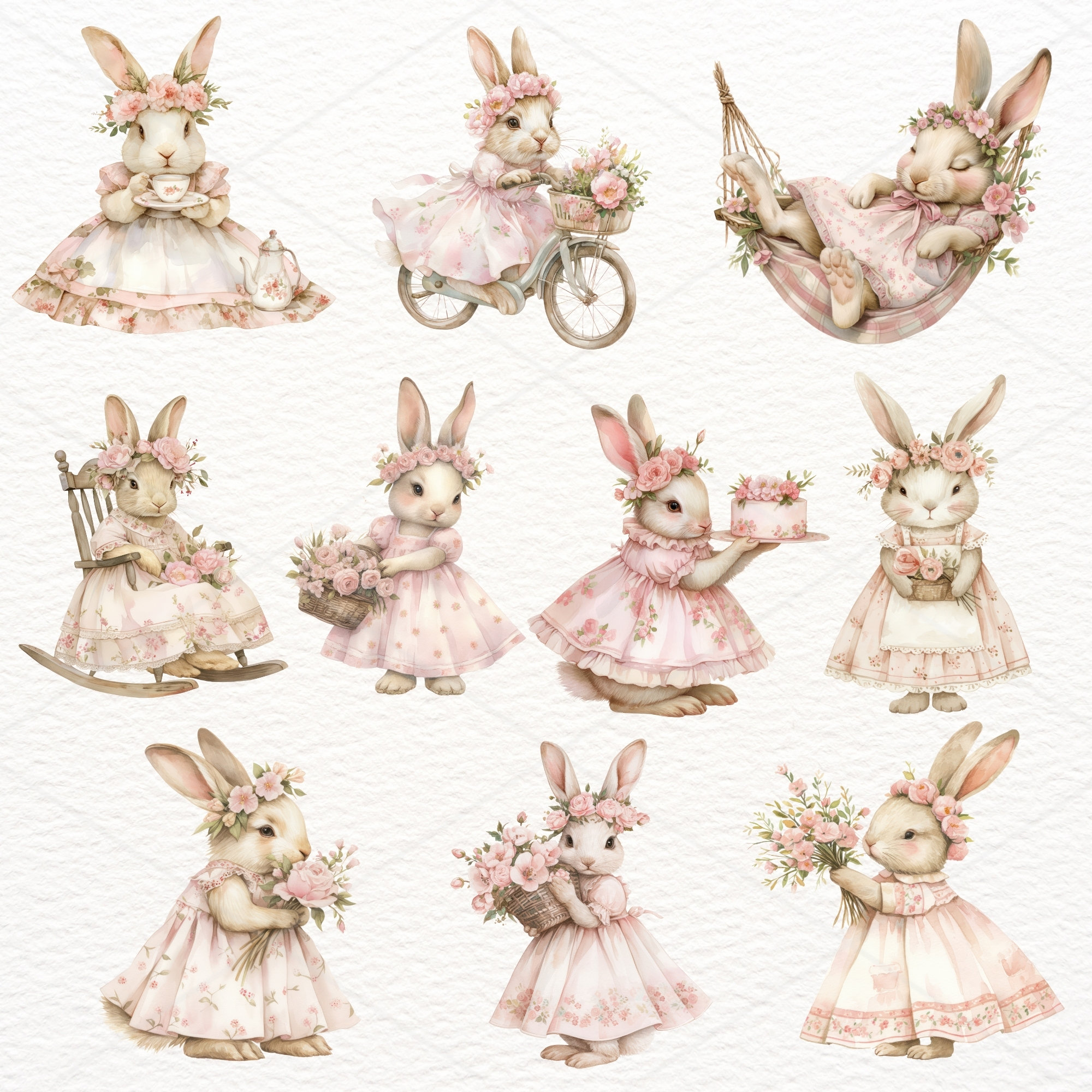 Cute Pink Bunnies Watercolor Clipart, Nursery Decor PNG, Baby Shower ...