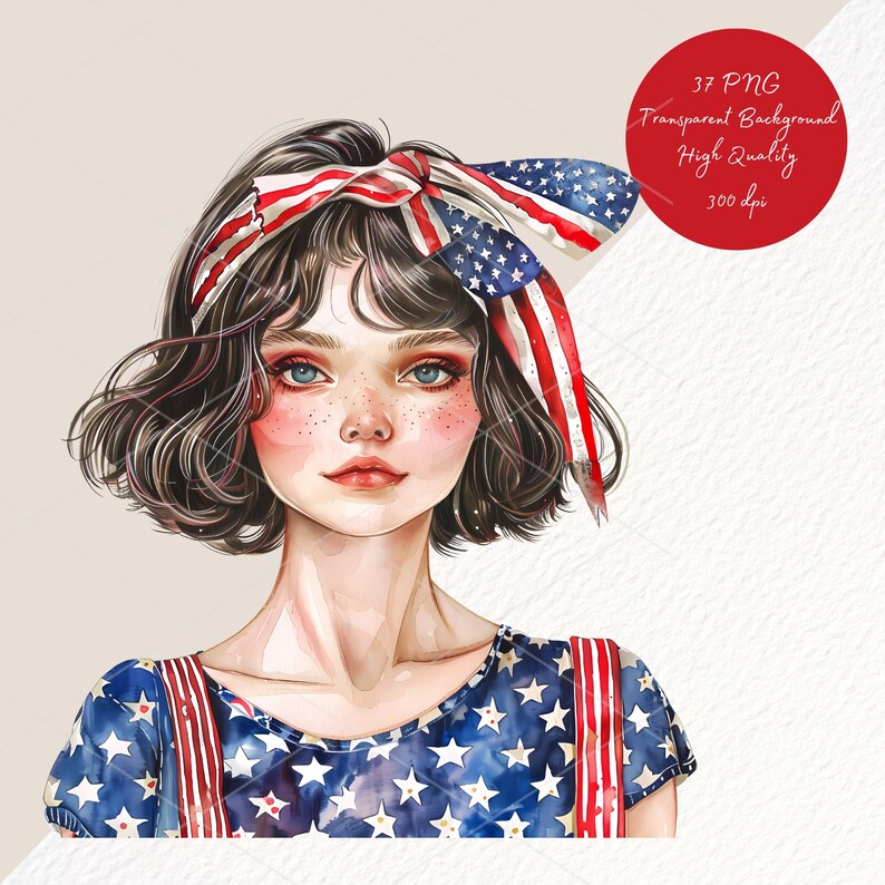 4th of July Clipart, Watercolor Independence Day Clipart, American Girl ...