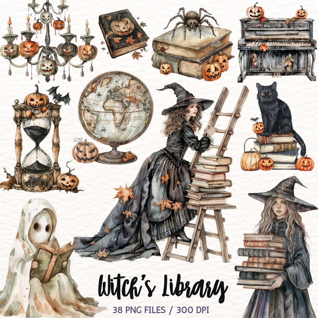 Watercolor Halloween Clipart, Reading, Haunted Library, Spooky, Creepy ...