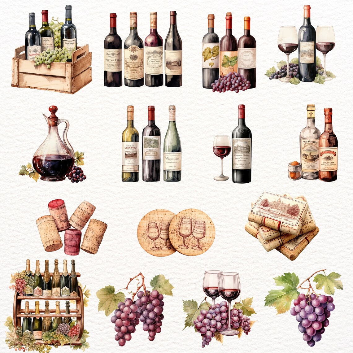 Watercolor Wine Clipart, Wine Barrel, Digital PNG Wine Grapes, Red Wine ...