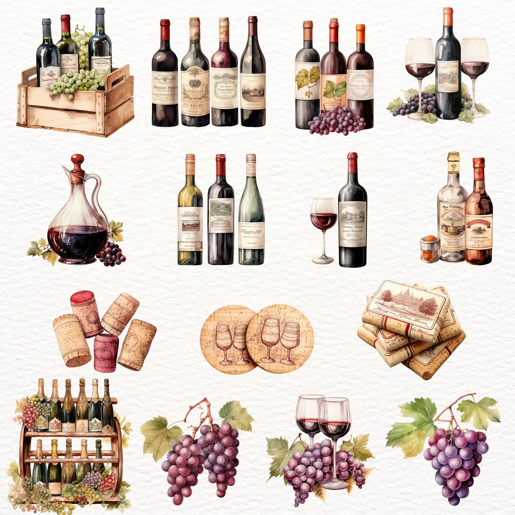 Watercolor Wine Clipart, Wine Barrel, Digital PNG Wine Grapes, Red Wine ...