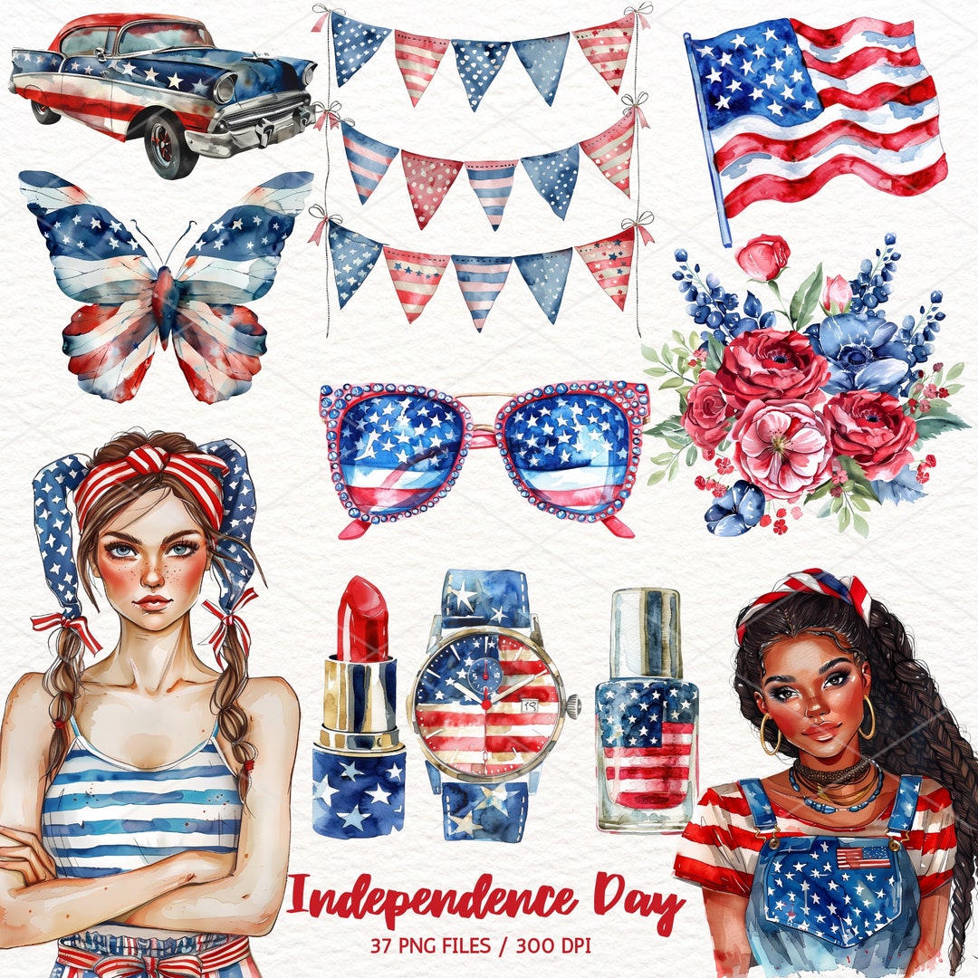4th of July Clipart, Watercolor Independence Day Clipart, American Girl ...