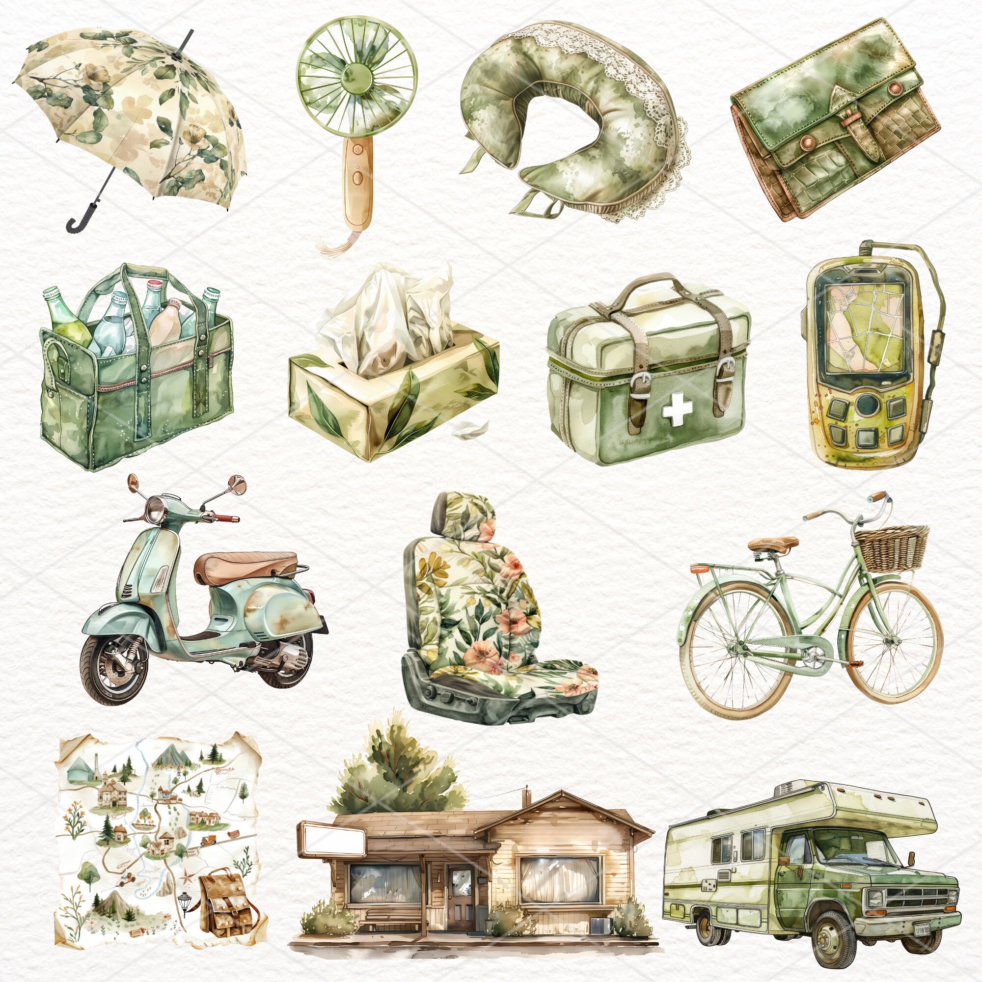 Watercolor Road Trip Clipart: Summer Travel Graphics (PNG Digital ...