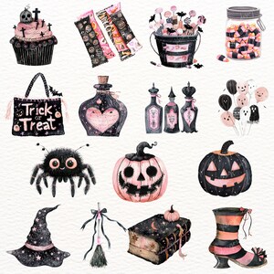 Watercolor Pink Halloween Clipart: Spooky Black Cat PNG (digital ...