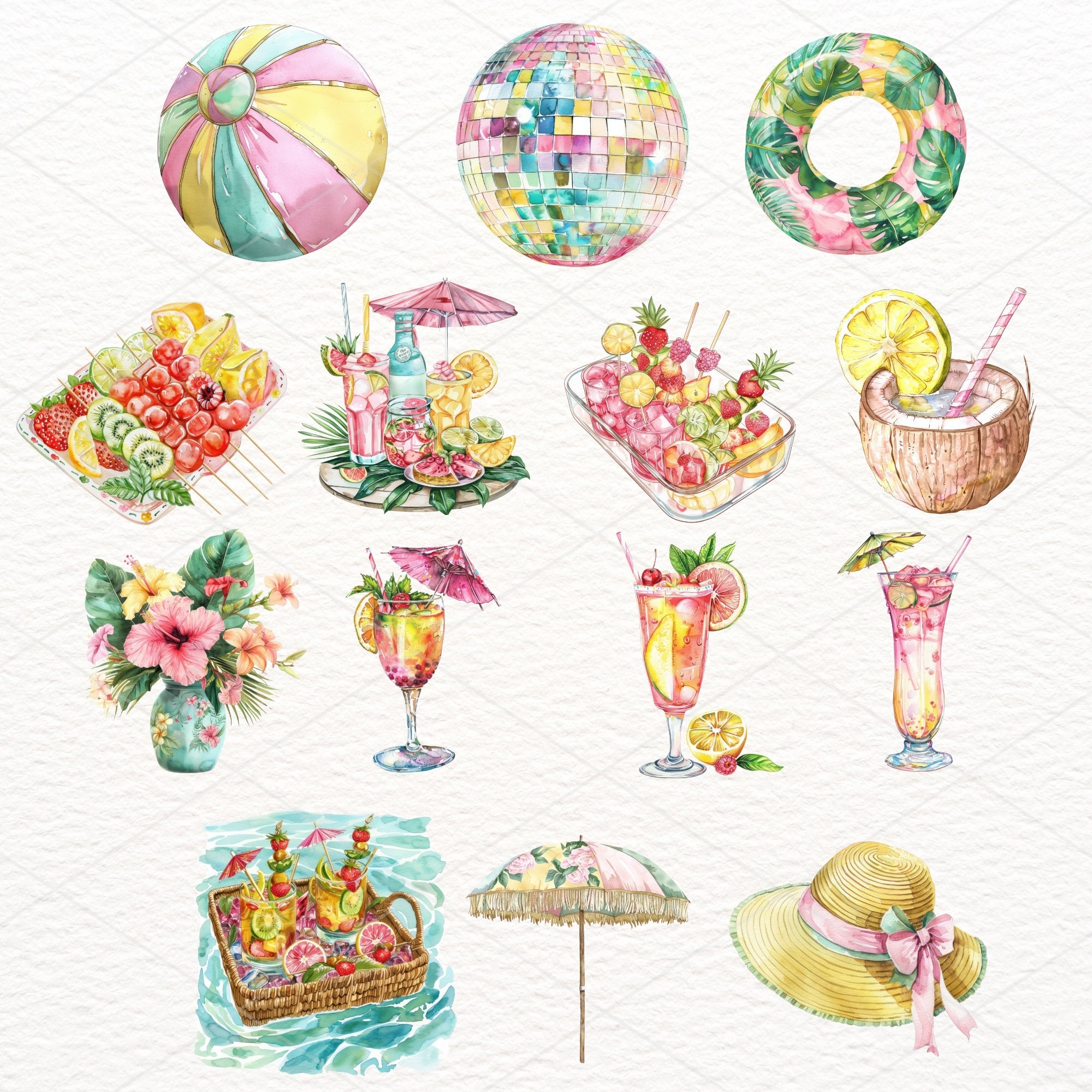 Watercolor Pool Party Clipart: Summer Beach Graphics (digital Stickers ...