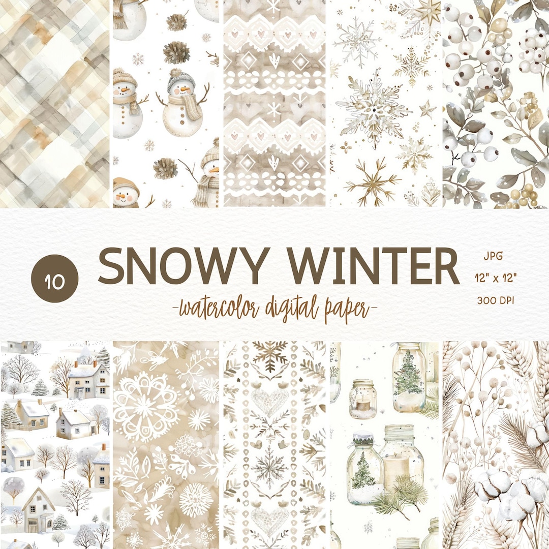 Watercolor Snowy Winter Digital Paper: Seamless Holiday Patterns ...
