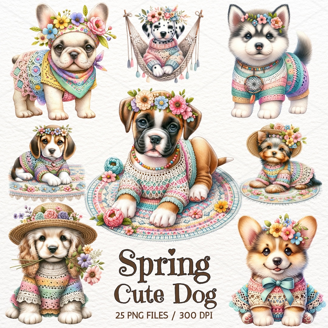 Cute Dog Watercolor Clipart, Spring Dog, Spring Clipart Bundle, Dogs ...