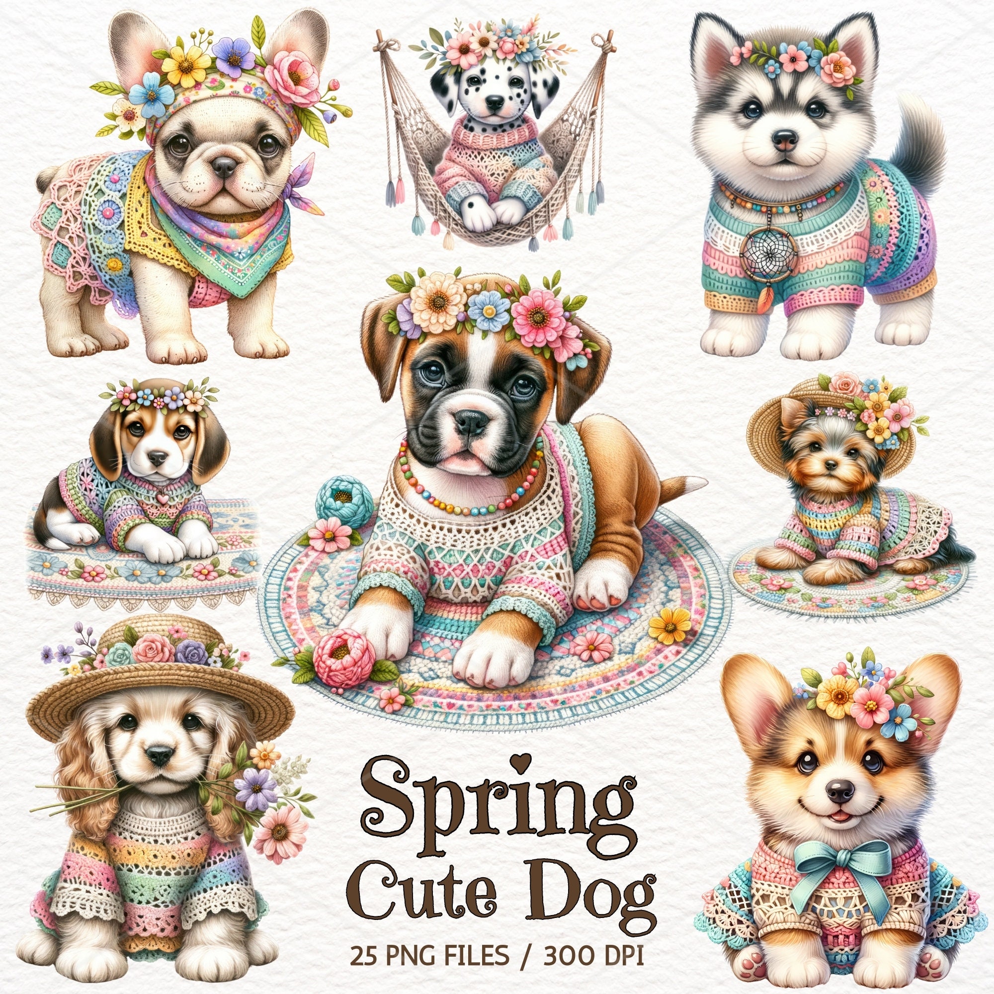 Cute Dog Watercolor Clipart, Spring Dog, Spring Clipart Bundle, Dogs ...