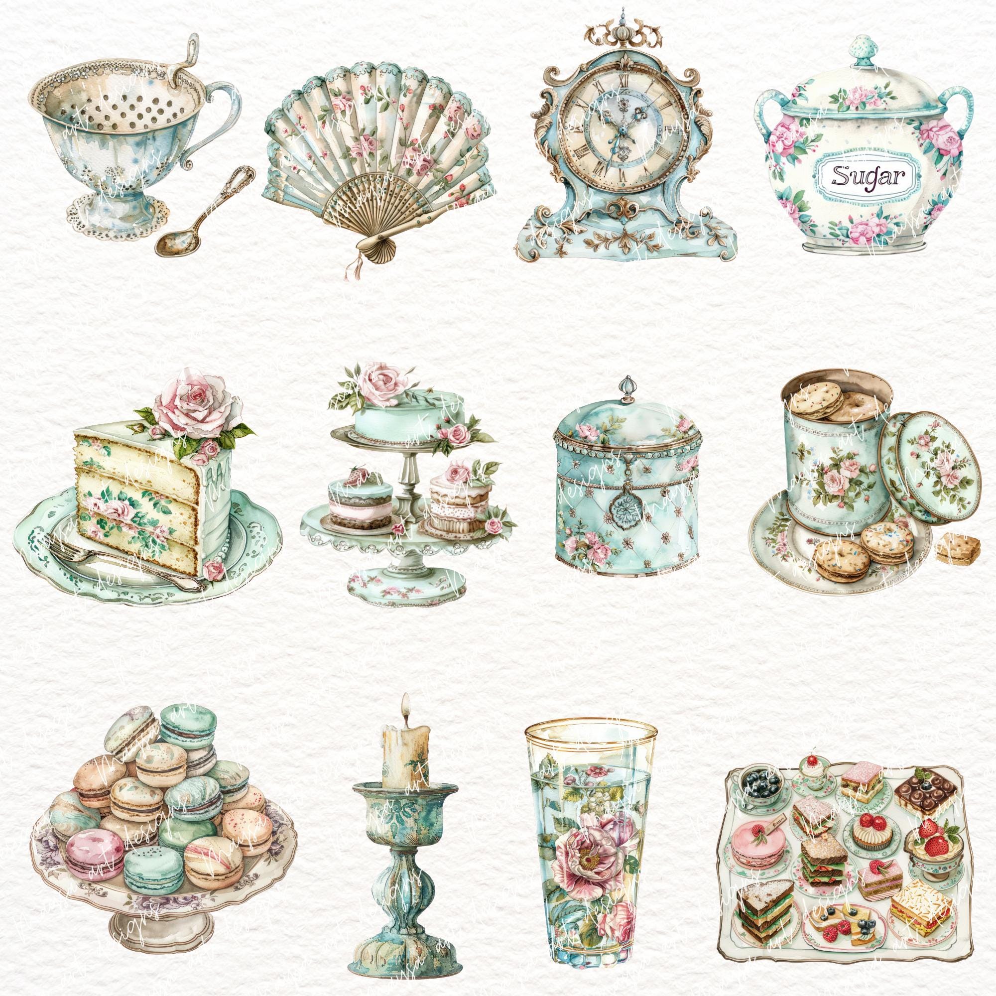 Watercolor Tea Party Clipart: Vintage Teacups, Teapots (PNG Digital ...