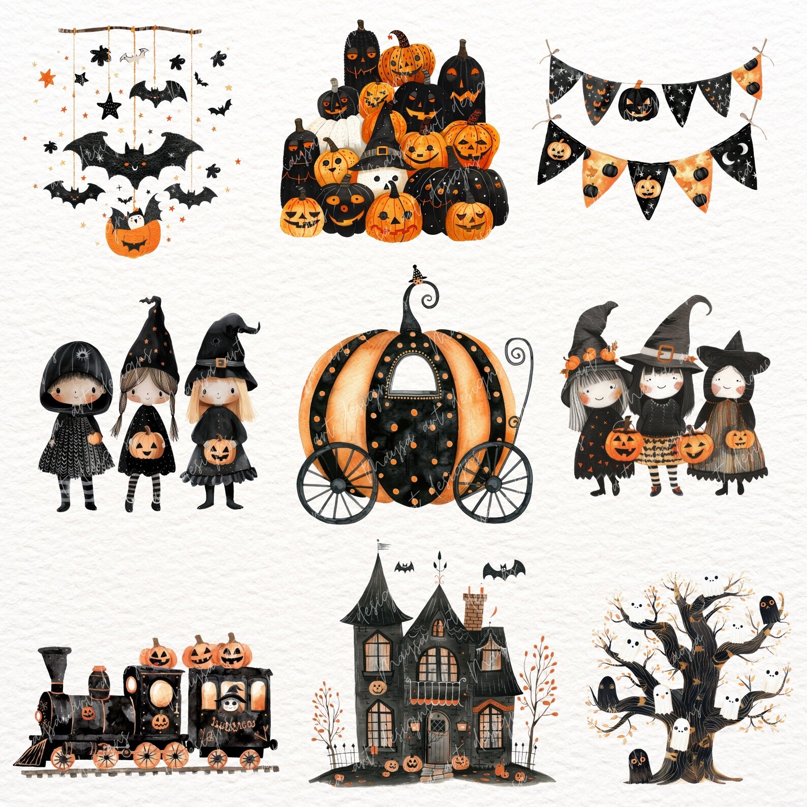 Watercolor Cute Halloween Clipart, Spooky PNG, Black Cat Trick or Treat ...