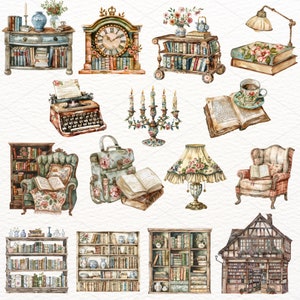 Watercolor Library Clipart, Book Lover, Reading, Vintage Books Clipart ...