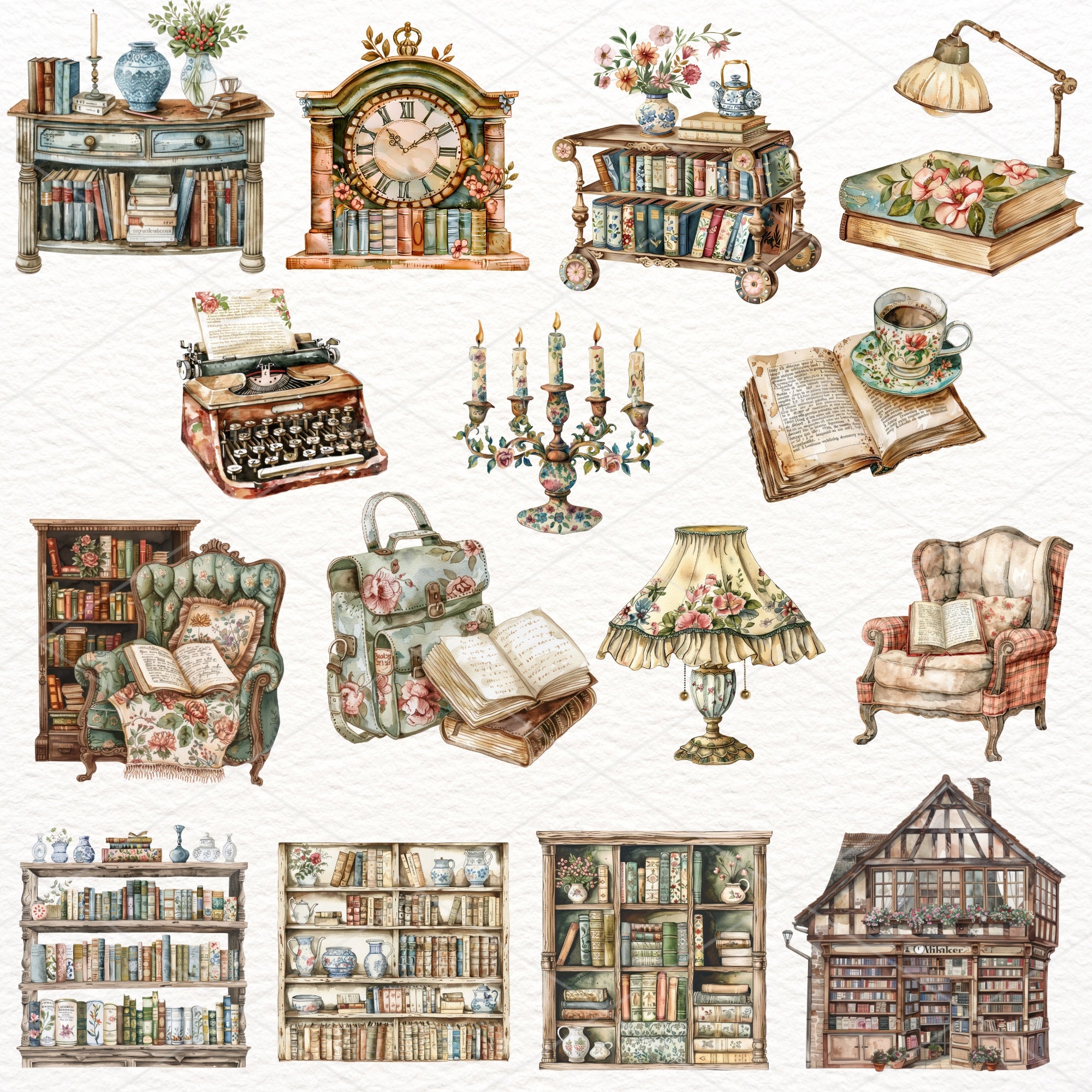 Watercolor Library Clipart, Book Lover, Reading, Vintage Books Clipart ...