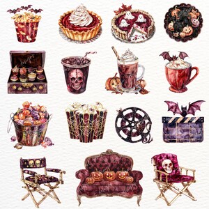 Watercolor Halloween Movie Night Clipart: Spooky PNG Stickers ...