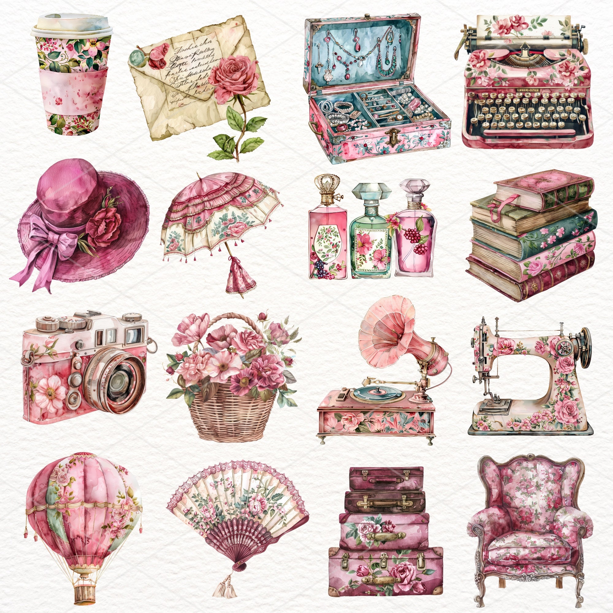Watercolor Vintage Clipart, Antique Chic Clipart, Vintage Items ...