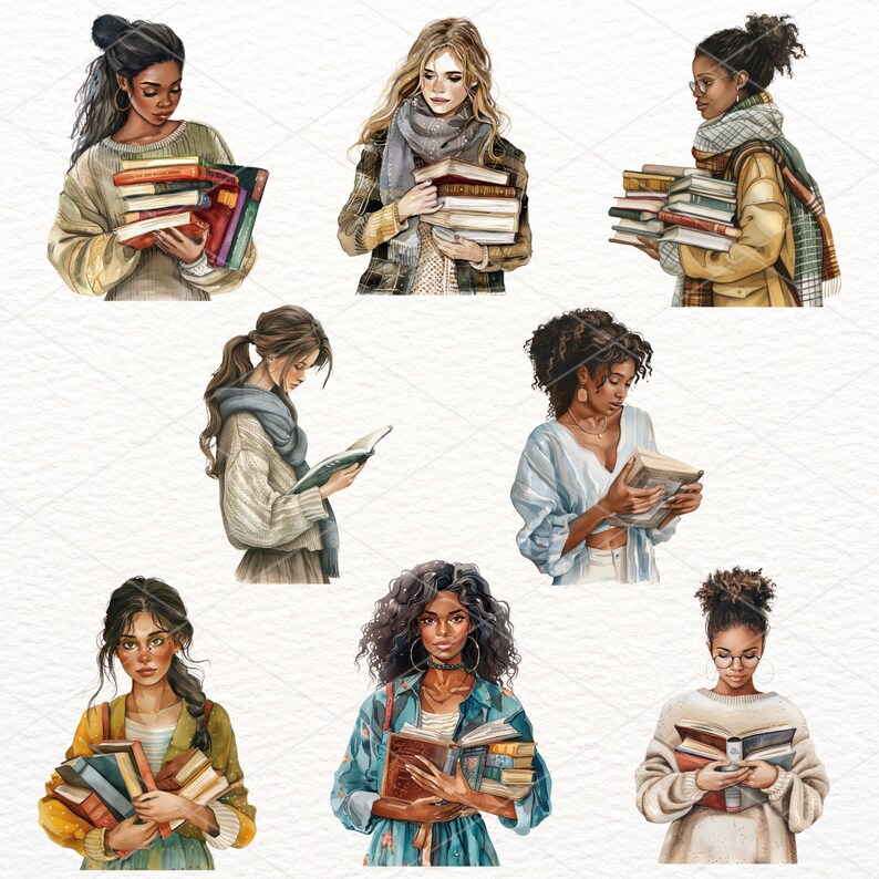 Watercolor Library Clipart, Book Lover, Reading, Vintage Books Clipart ...