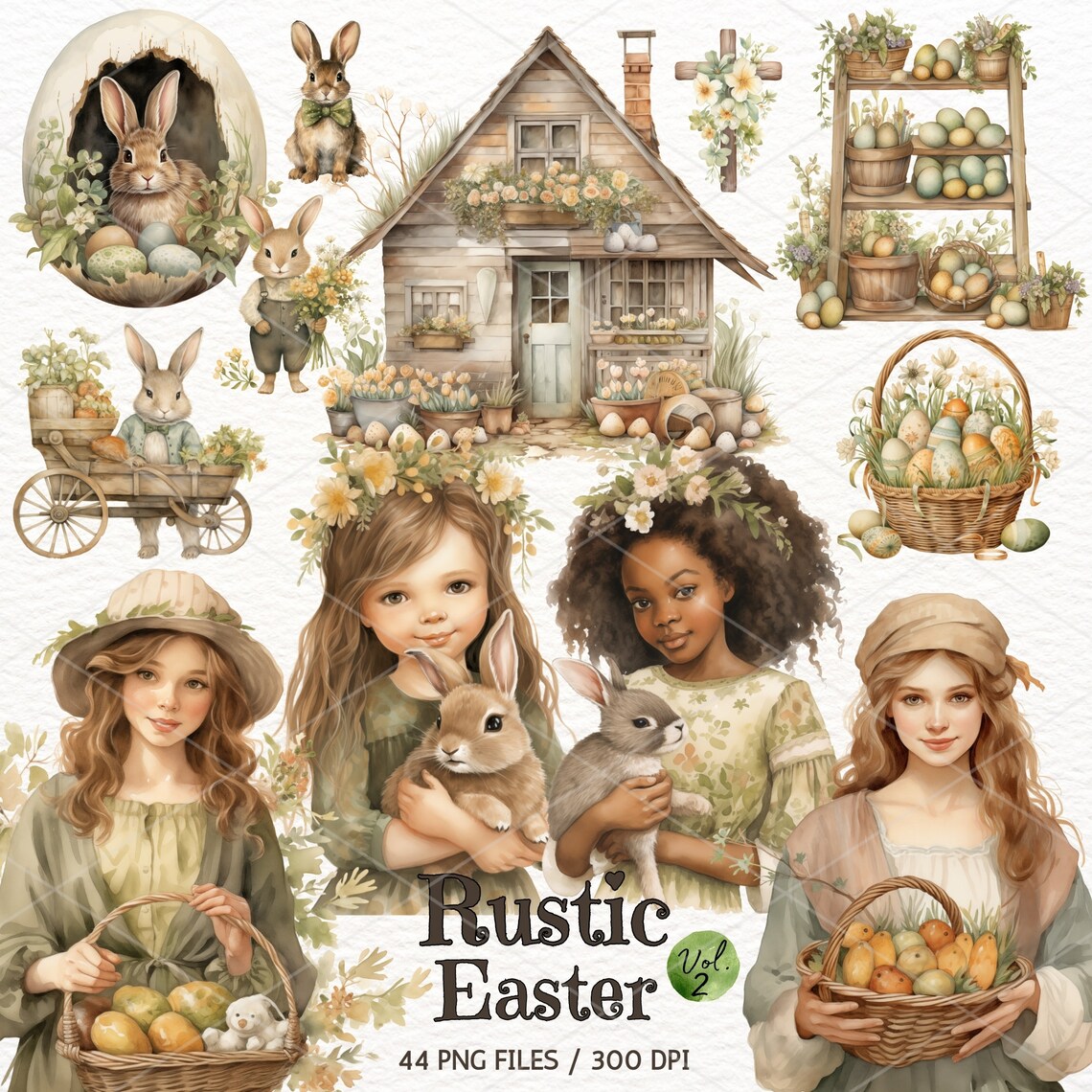 Watercolor Easter Clipart, Rustic Easter, Easter Bunny, Easter Eggs ...