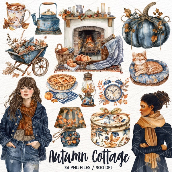 Watercolor Autumn Cottage Clipart, Cozy Fall Cottagecore, Fall PNG ...