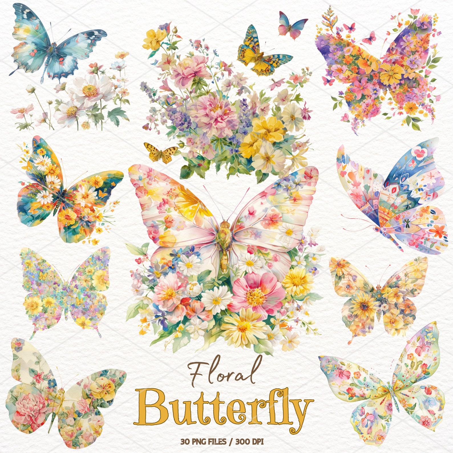 Watercolor Butterfly Clipart: Floral Spring PNG Illustrations (digital ...