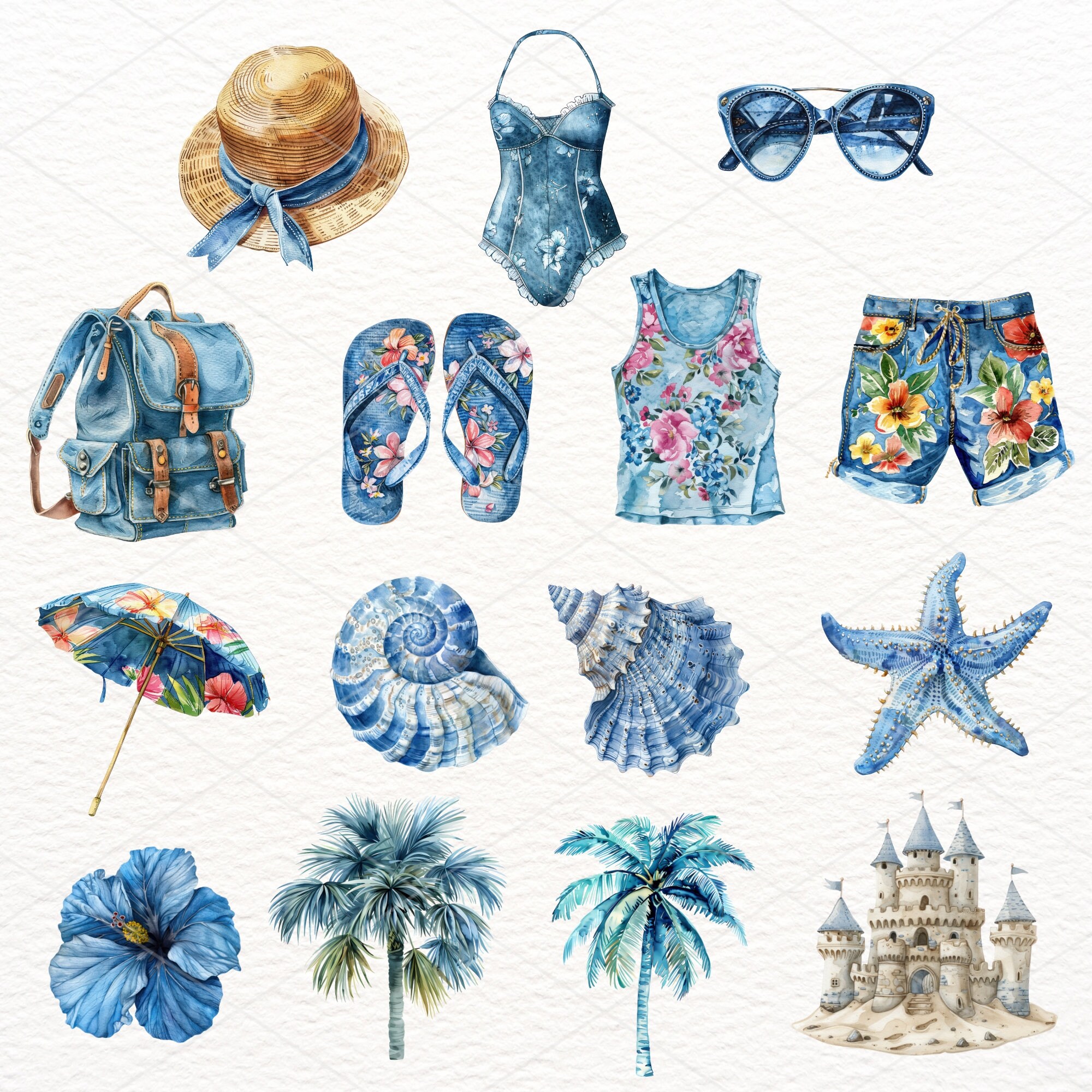 Watercolor Summer Clipart: Denim Girls PNG Graphics (digital Download ...