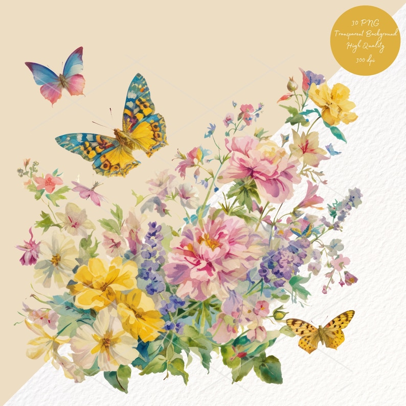 Watercolor Butterfly Clipart: Floral Spring PNG Illustrations (digital ...