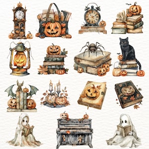 Watercolor Halloween Clipart, Reading, Haunted Library, Spooky, Creepy ...