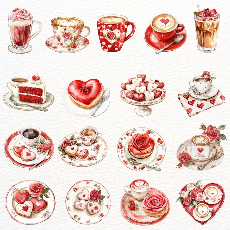 Watercolor Valentine Coffee Clipart: Romantic Latte Art (digital ...