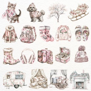 Watercolor Pink Winter Clipart: Cottagecore Holiday PNG (digital ...