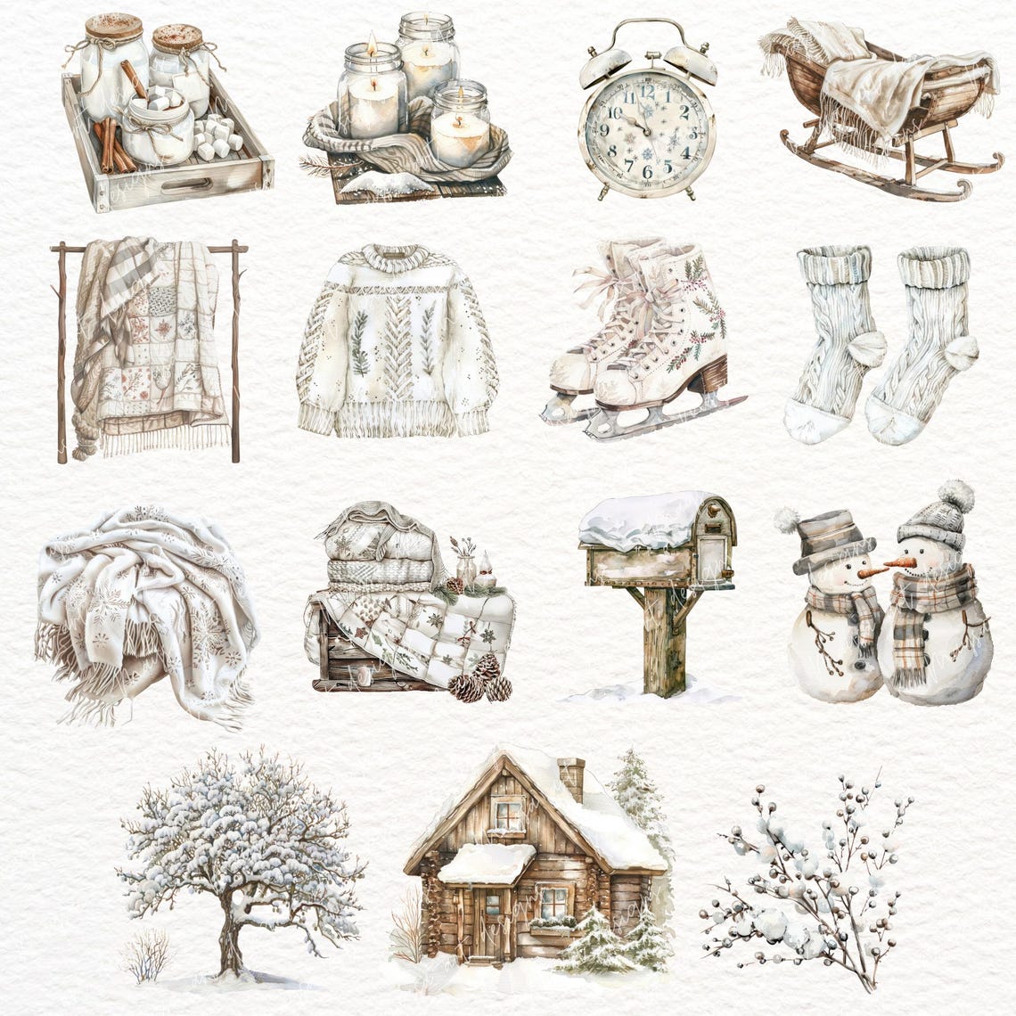 Watercolor Winter Clipart: Snowy Cottagecore Illustrations (digital ...