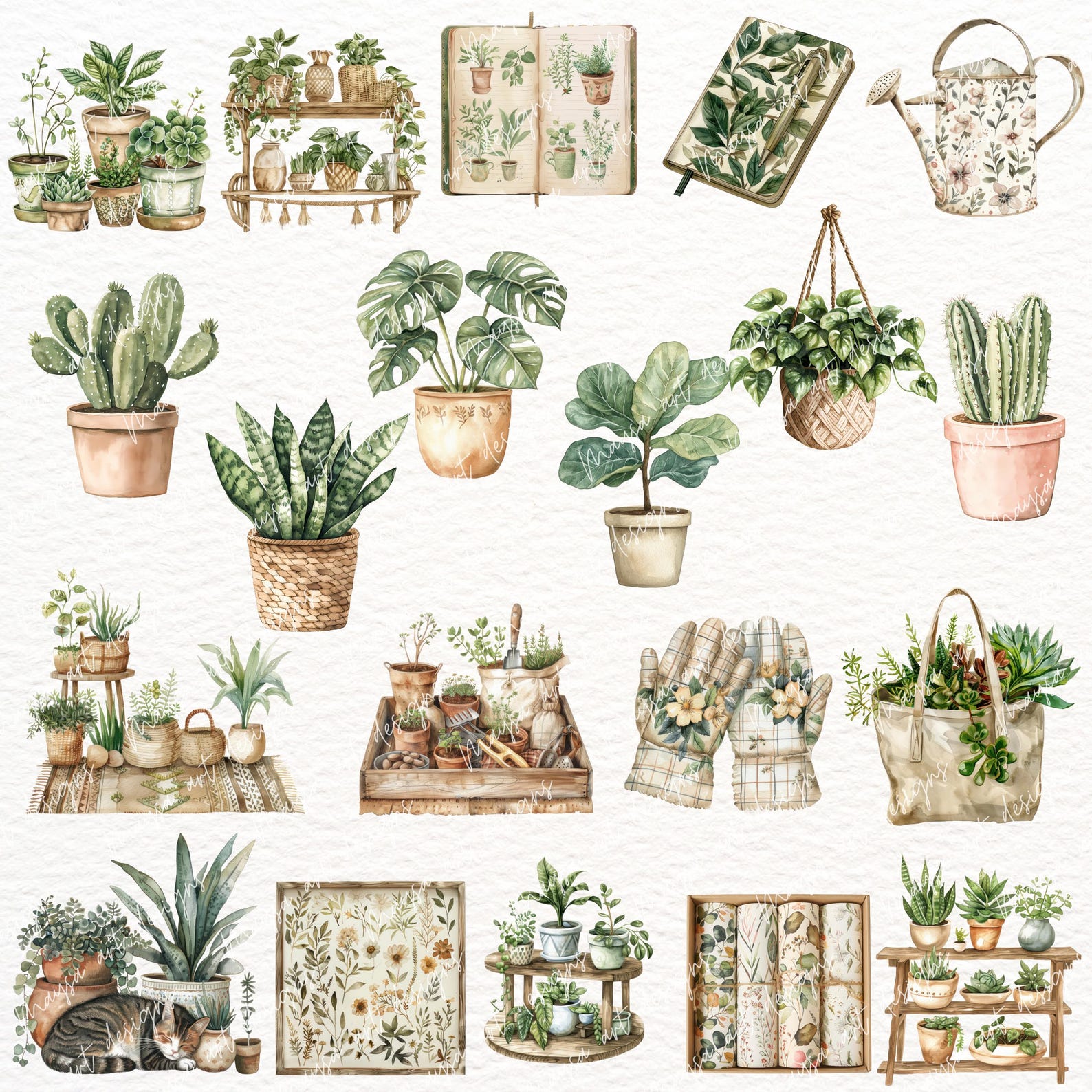 Watercolor Plant Lover Clipart, Potted Plants, Greenery Plants, House ...