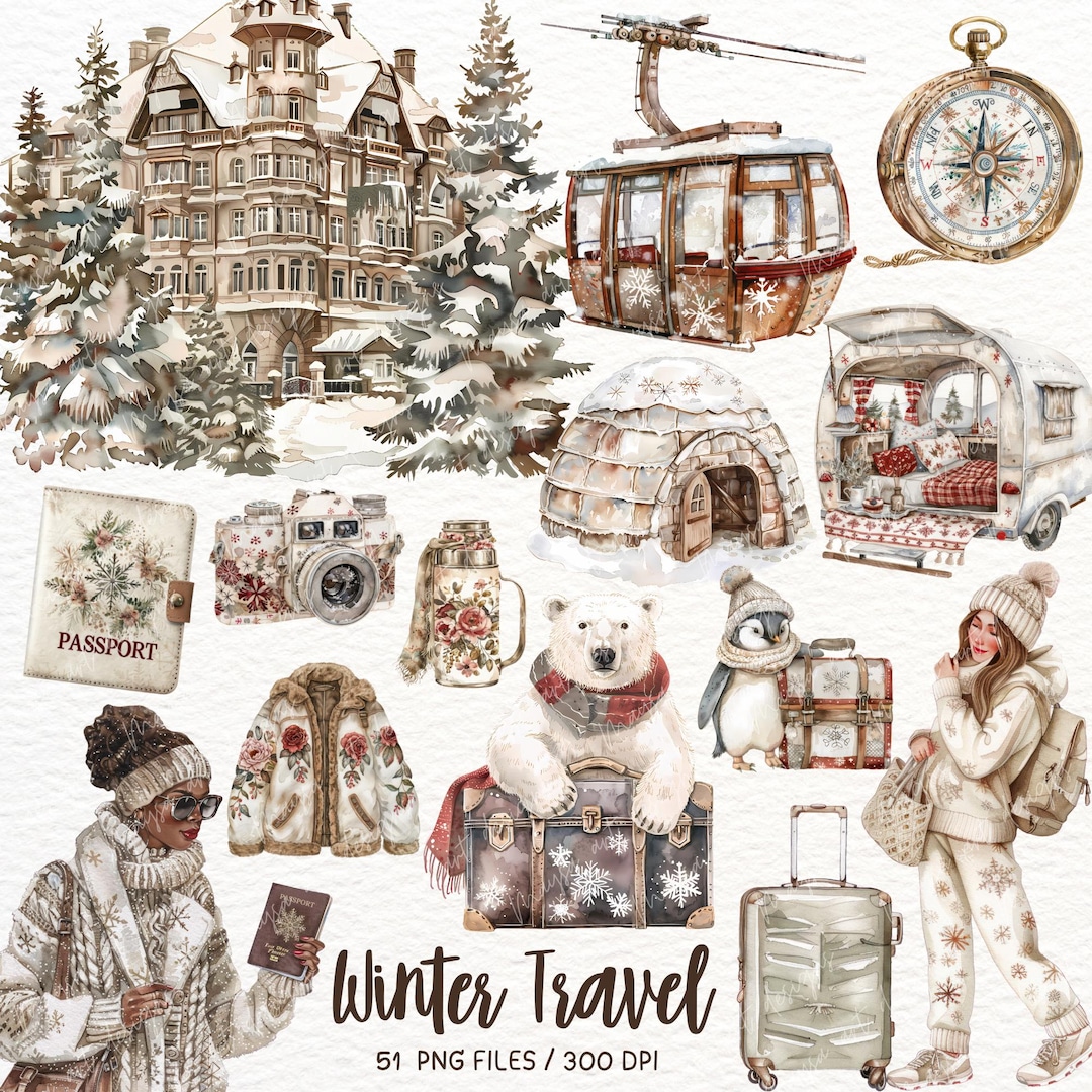 Watercolor Winter Travel Clipart, Cozy Winter, Adventure PNG, Holiday ...