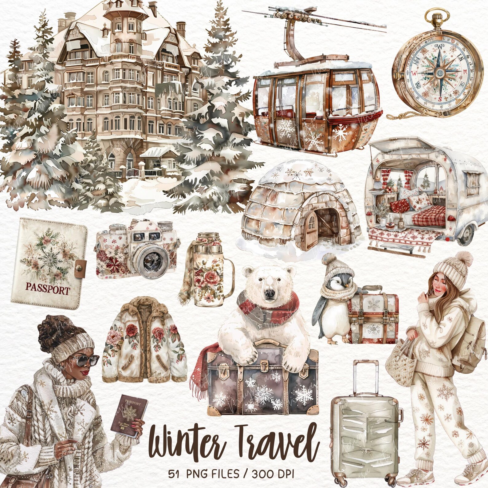 Watercolor Winter Travel Clipart: Snowy Holiday PNG (digital Download ...