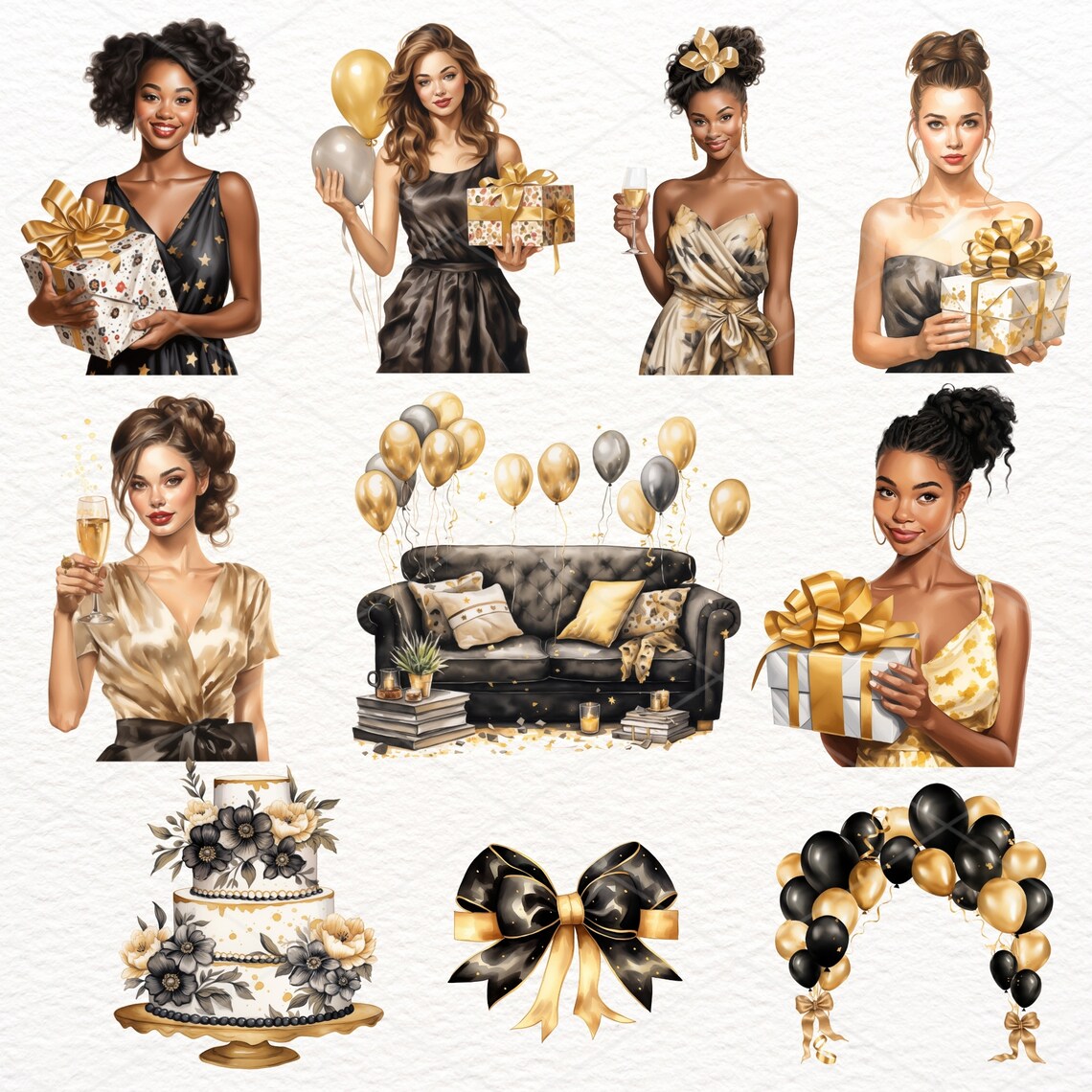 Watercolor Birthday Clipart: Black and Gold Party PNG (digital Download ...