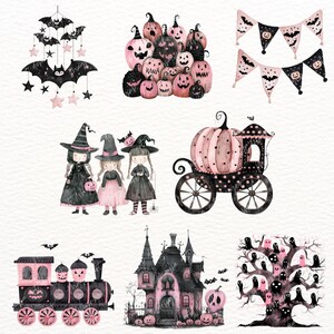 Watercolor Pink Halloween Clipart: Spooky Black Cat PNG (digital ...