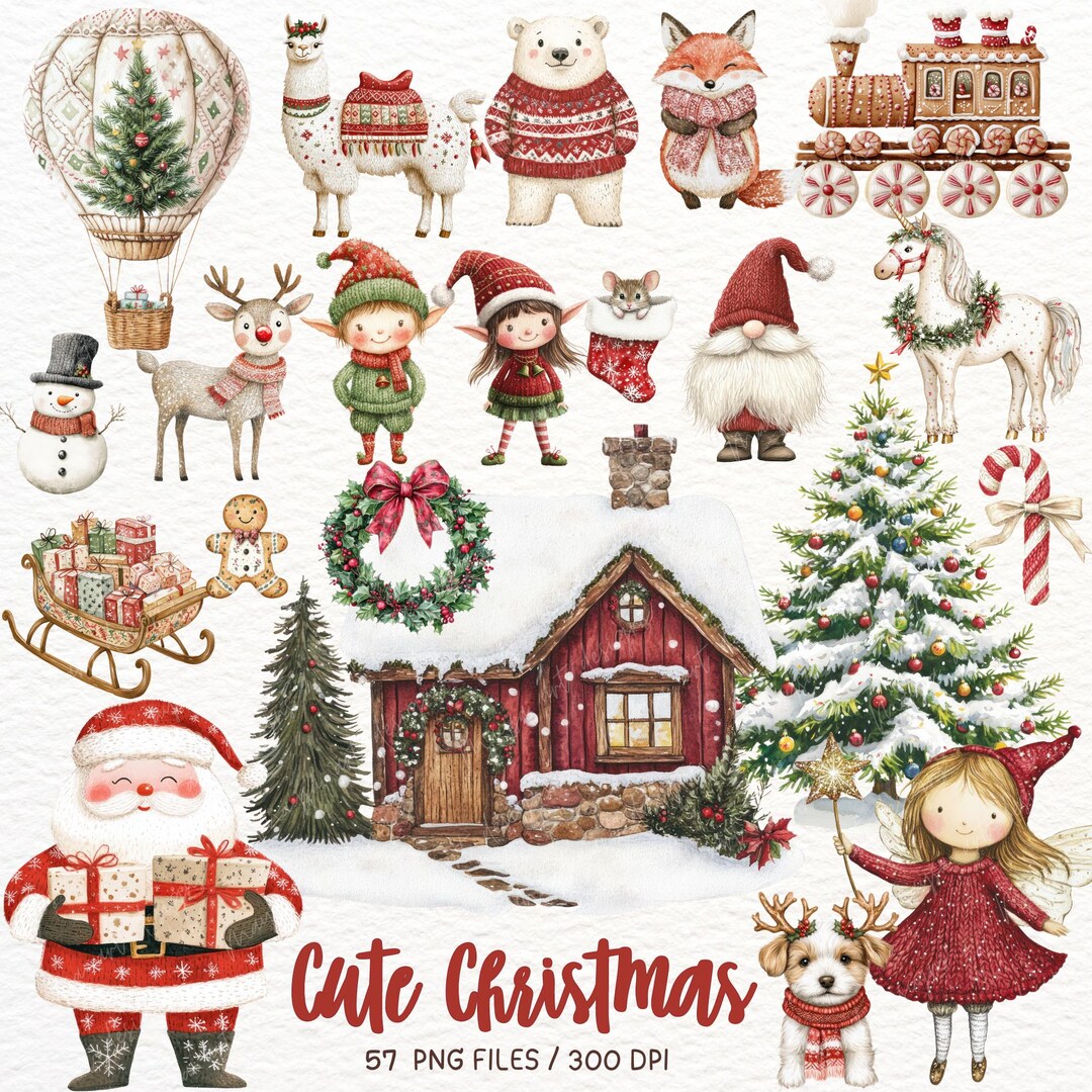 Watercolor Cute Christmas Clipart, Cute Santa, Festive Clipart, Winter ...