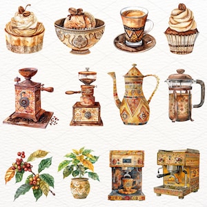 Watercolor Boho Coffee Clipart: Coffee Shop PNG Stickers (commercial ...