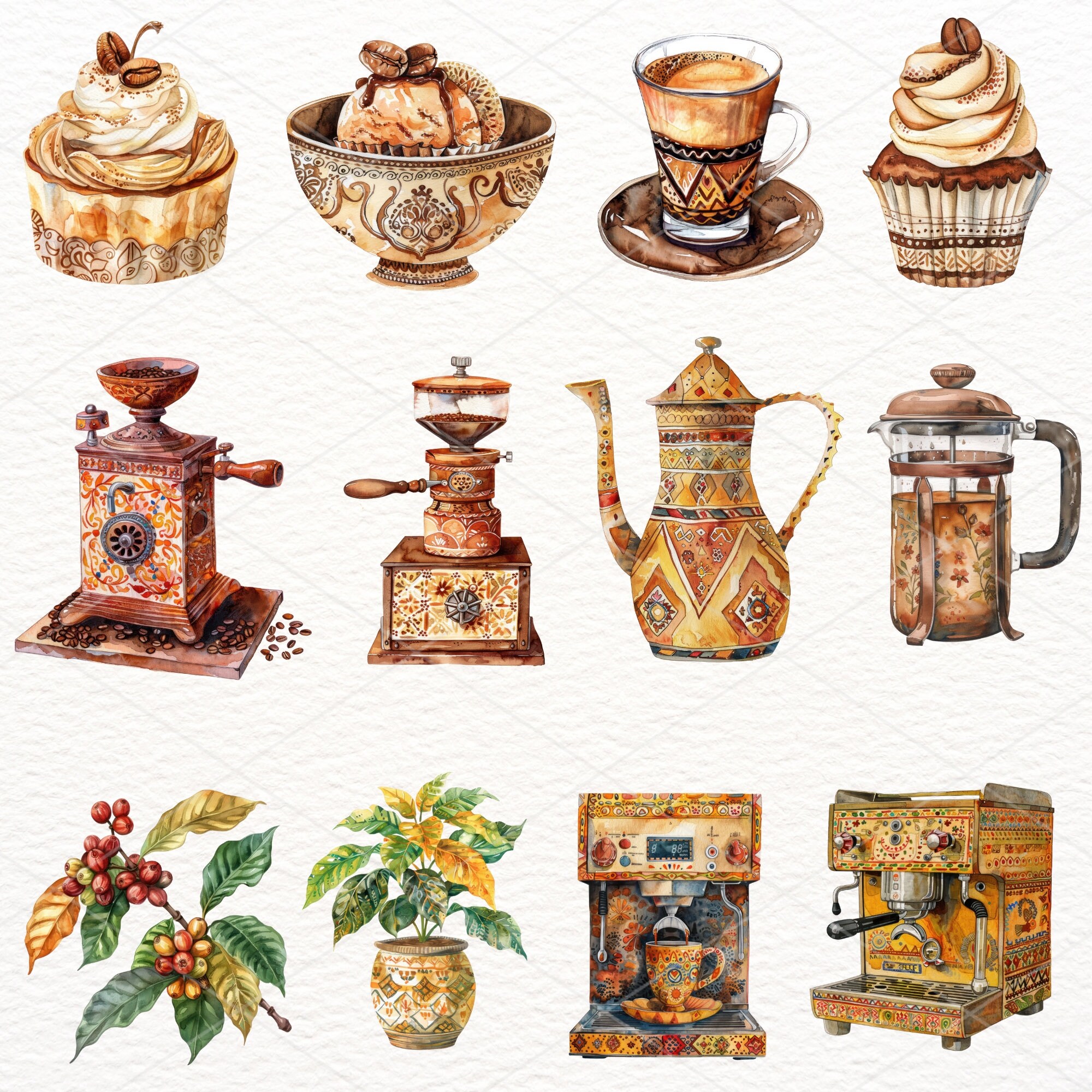 Watercolor Boho Coffee Clipart: Coffee Shop PNG Stickers (commercial ...