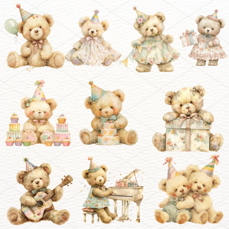Birthday Teddy Bear Watercolor Clipart, Birthday Bears, Cute Teddy Bear ...