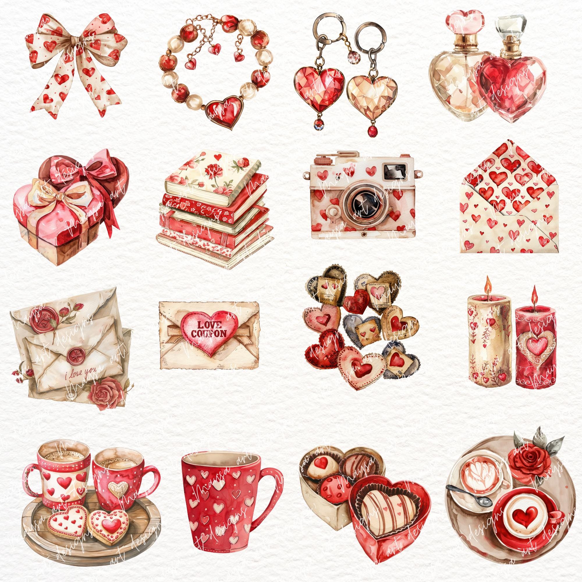 Watercolor Valentine's Day Clipart: Romantic PNG Stickers (digital ...