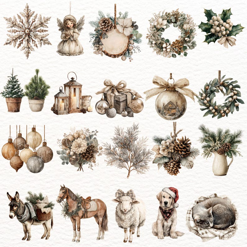Watercolor Farmhouse Christmas Clipart: Rustic Winter PNG (digital ...