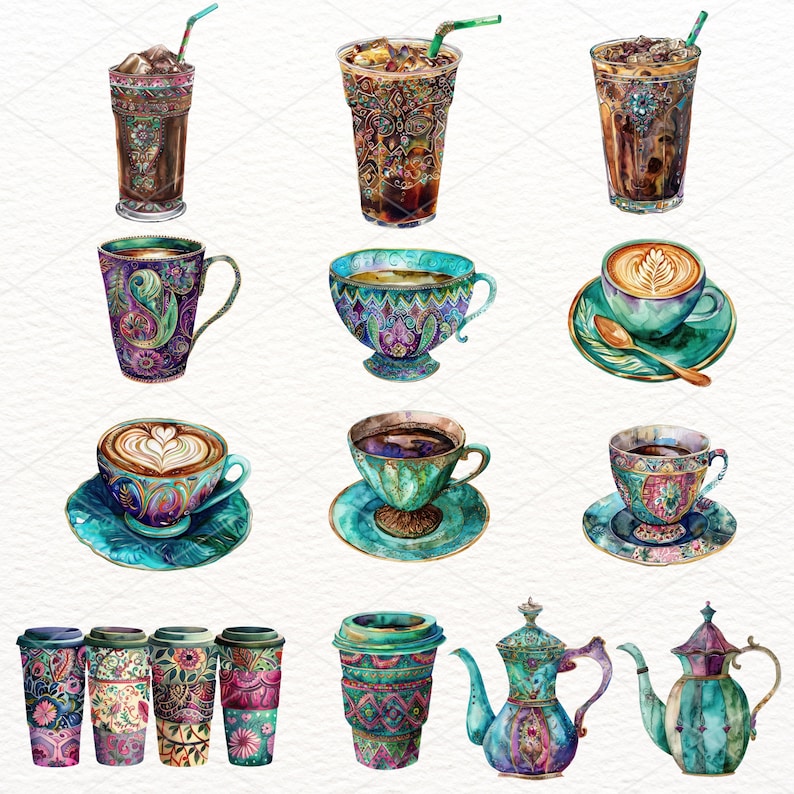 Watercolor Boho Coffee Clipart: Coffee Shop PNG Stickers (commercial ...