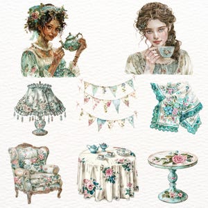 Watercolor Vintage Tea Party Clipart, Elegant Teacup, Teapot, Tea ...