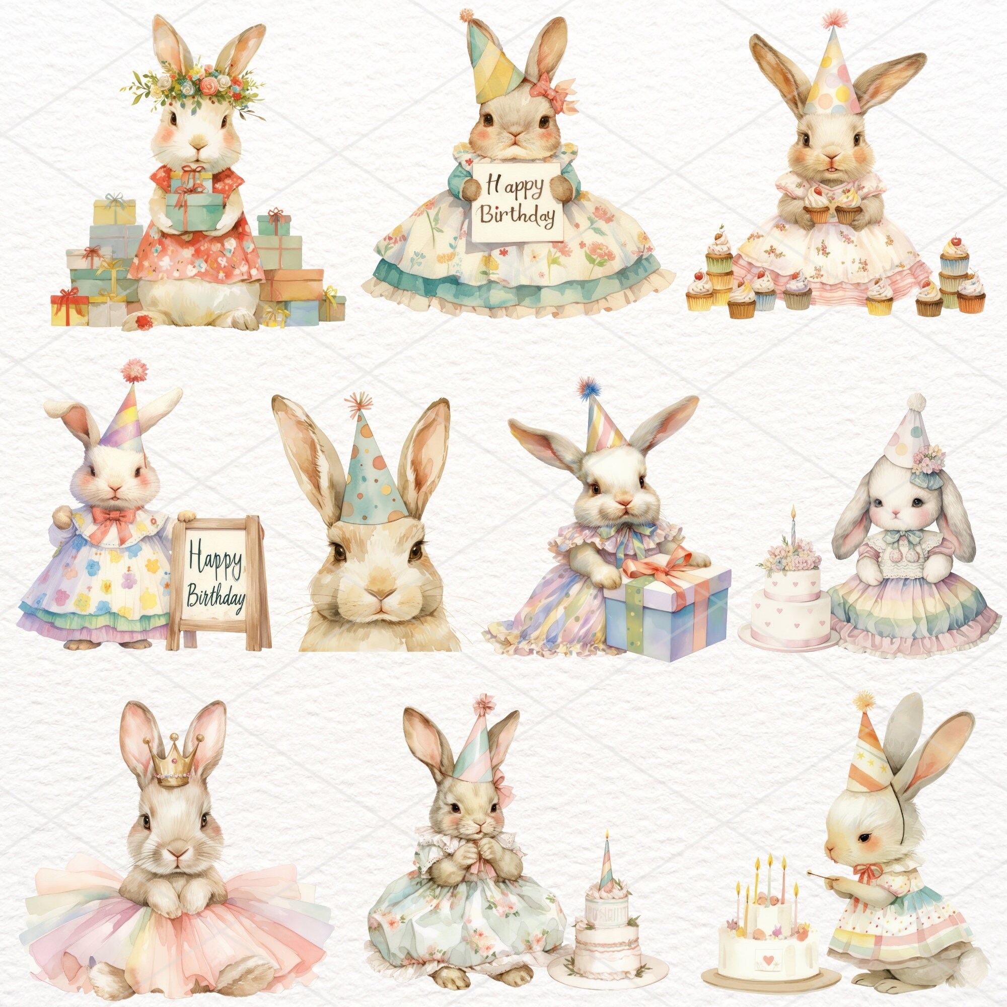 Watercolor Birthday Bunny Clipart, Birthday Rabbit Clipart, Cute ...