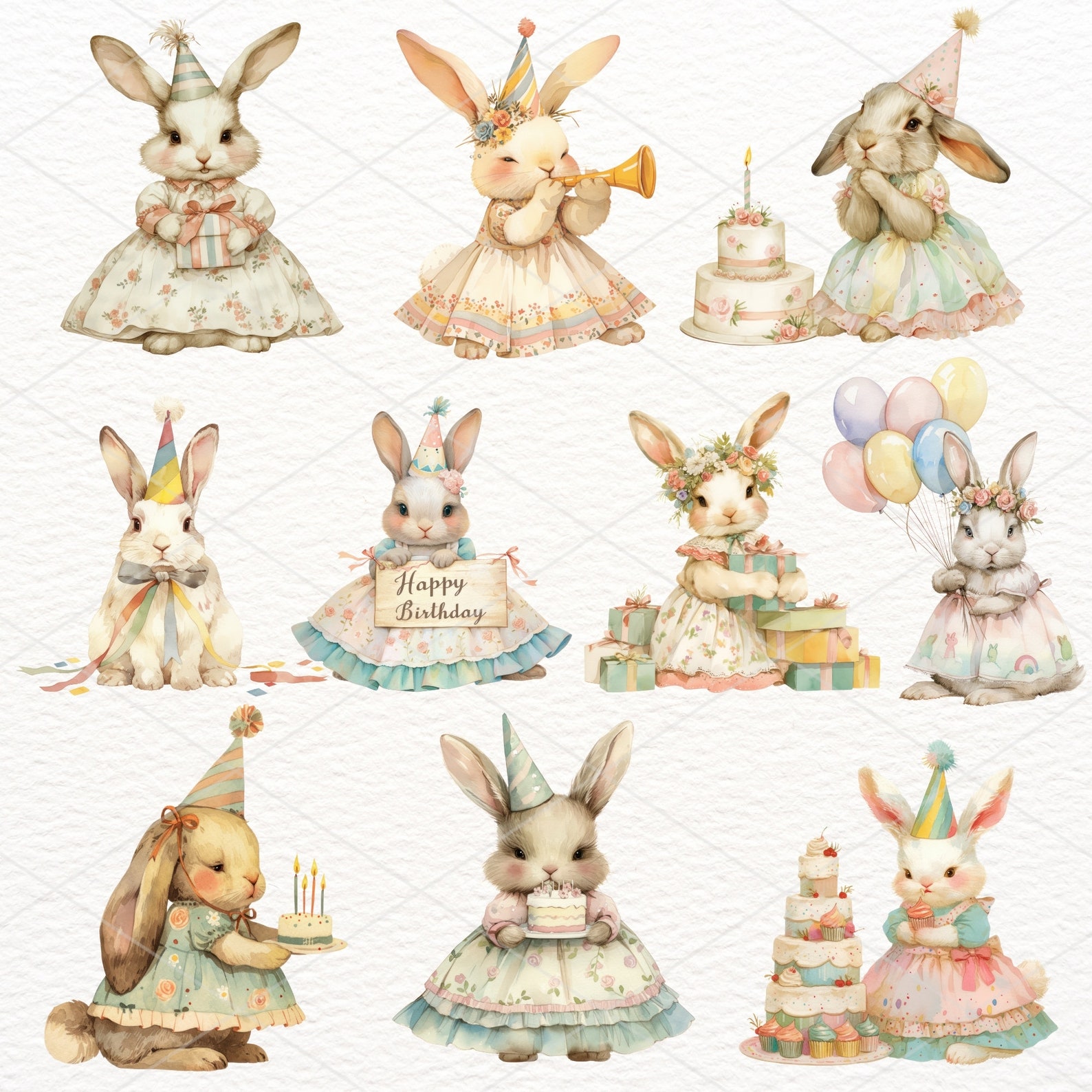 Watercolor Birthday Bunny Clipart, Birthday Rabbit Clipart, Cute ...