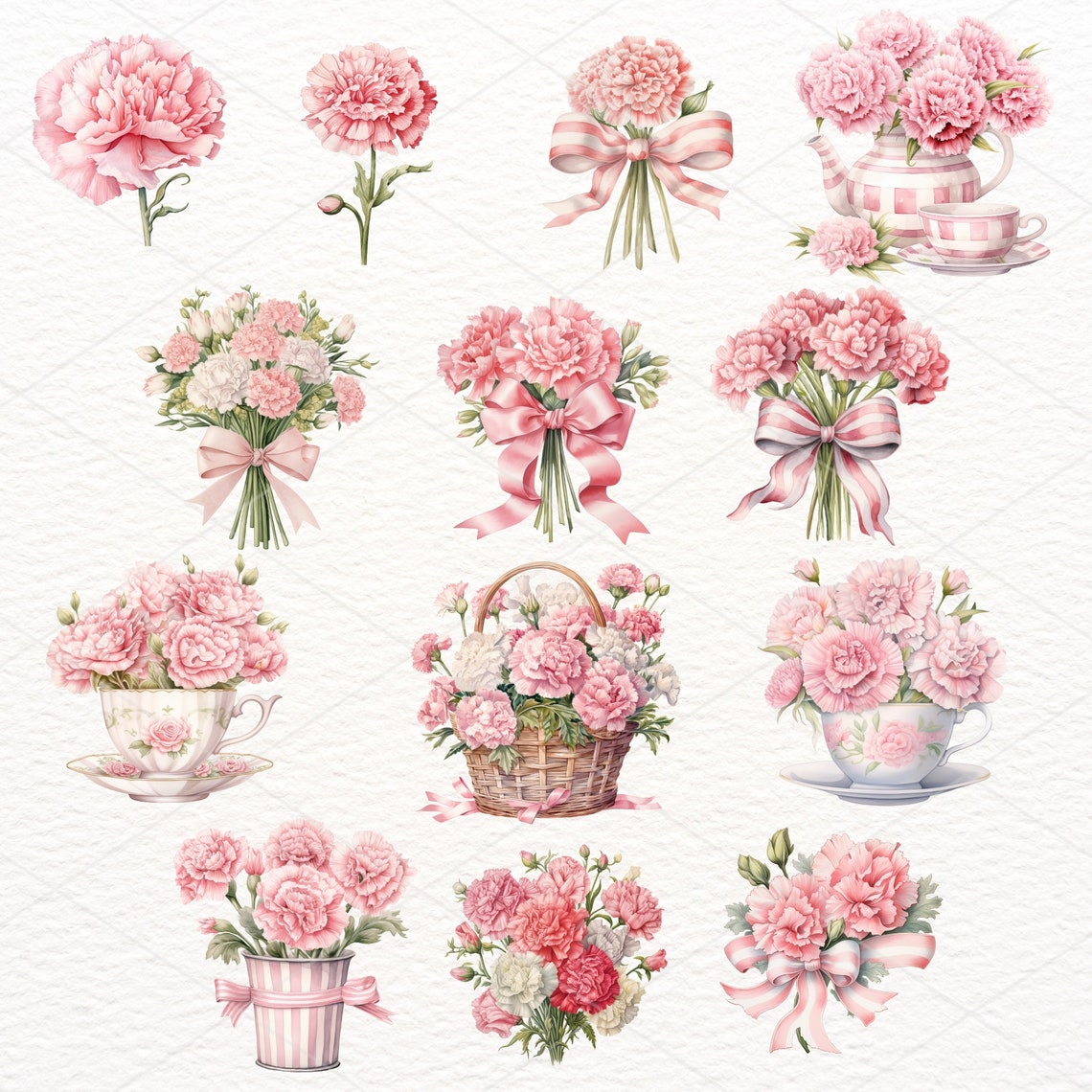 Watercolor Pink Carnation Clipart, Floral Graphic PNG, Carnation Flower ...