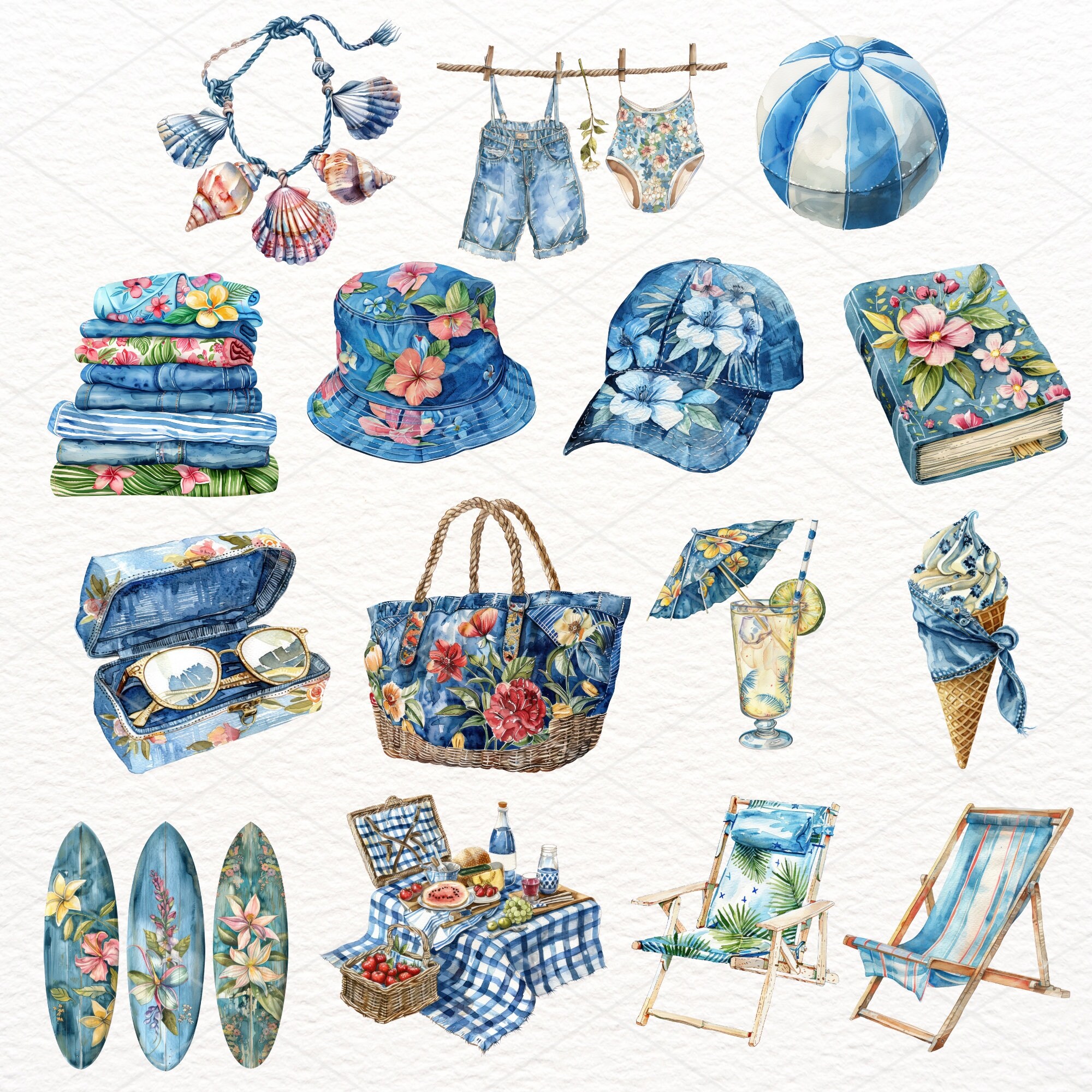 Watercolor Summer Clipart: Denim Girls PNG Graphics (digital Download ...