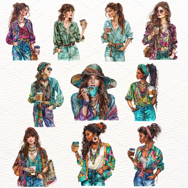 Watercolor Boho Coffee Clipart: Coffee Shop PNG Stickers (commercial ...