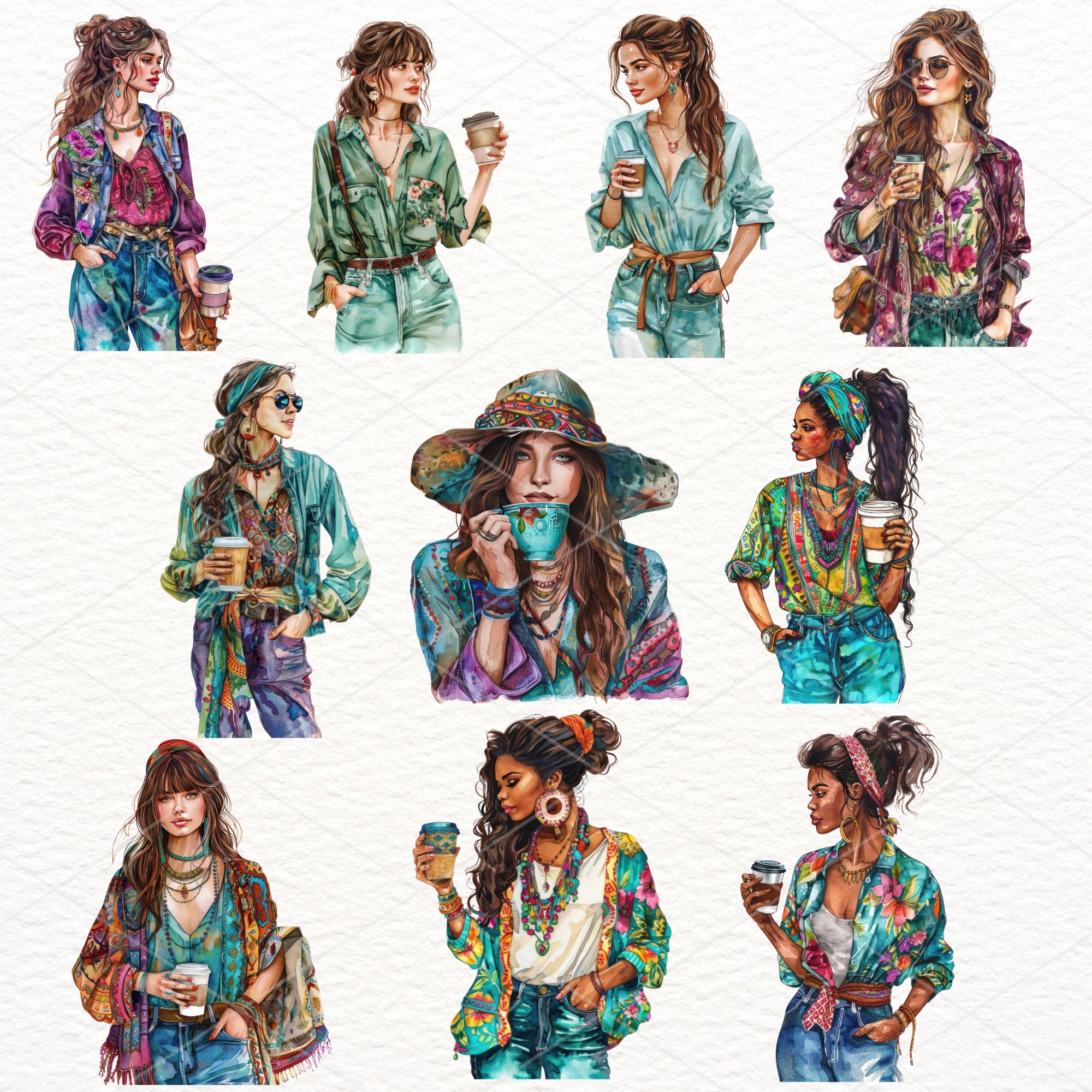 Watercolor Boho Coffee Clipart: Coffee Shop PNG Stickers (commercial ...